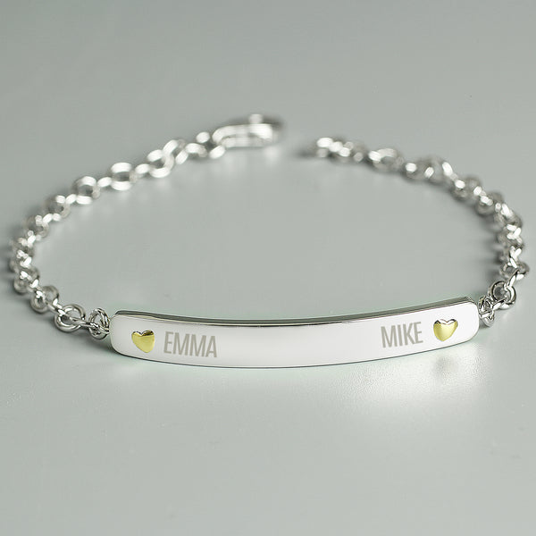 Personalised Two Names Sterling Silver and 9ct Gold Bar Bracelet ...